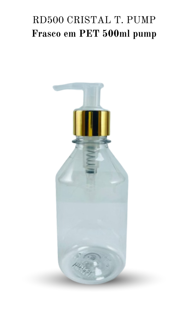 Frasco 500ml, redondo, cor cristal, Pump Preta - PET